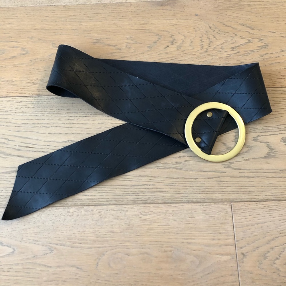 Wide Black Embossed Leather Belt Round Buckle - Gem